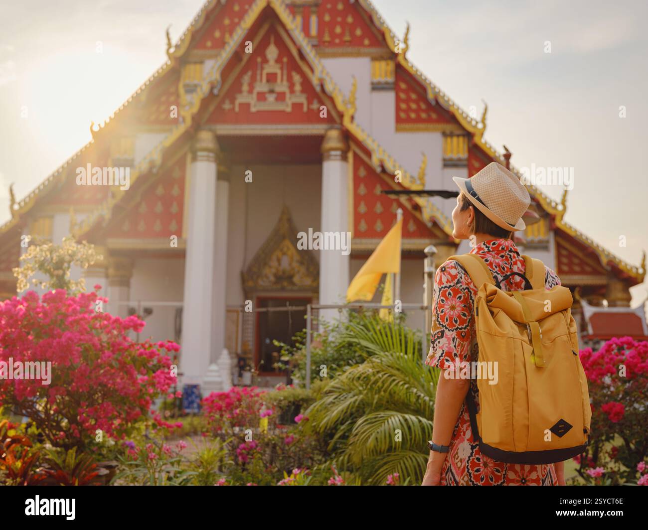 Travel to Ayutthaya, Thailand. Young female tourist explores modern ...