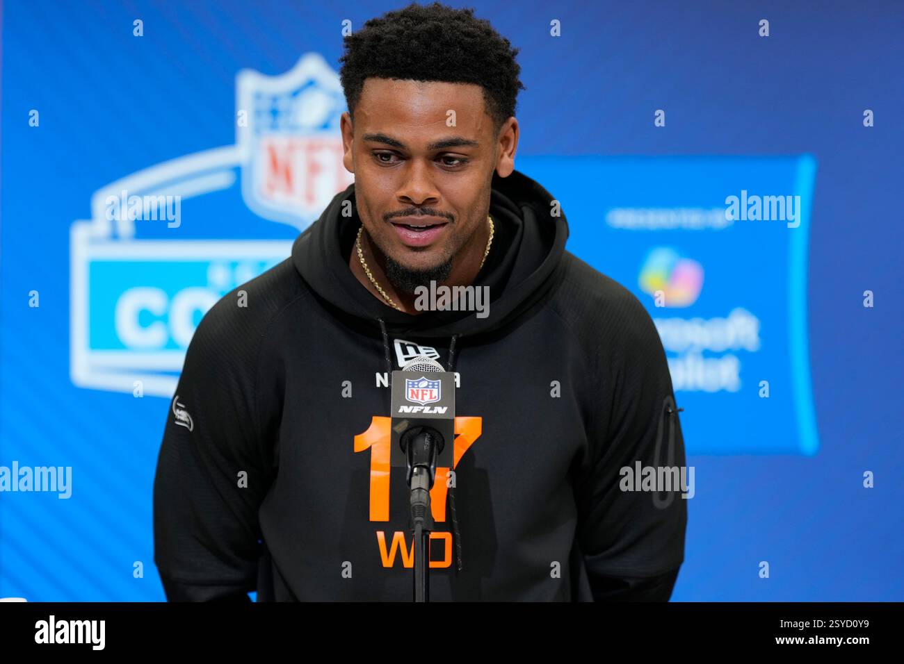 Mississippi wide receiver Tre Harris speaks during a press conference ...