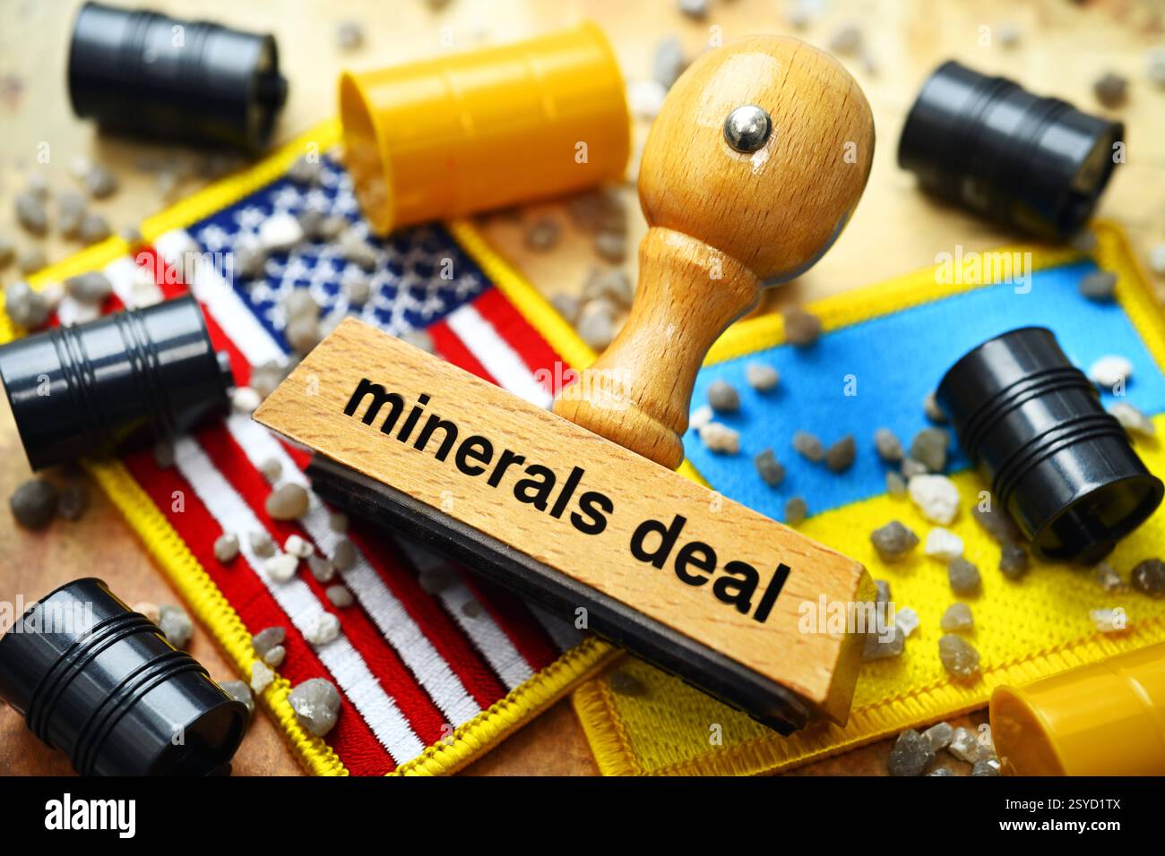 FOTOMONTAGE, Stempel mit Aufschrift minerals deal auf den Fahnen der ...