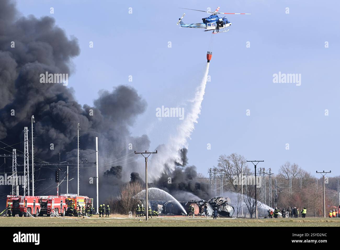 Hustopece Nad Becvou, Czech Republic. 28th Feb, 2025. Firefighters are ...