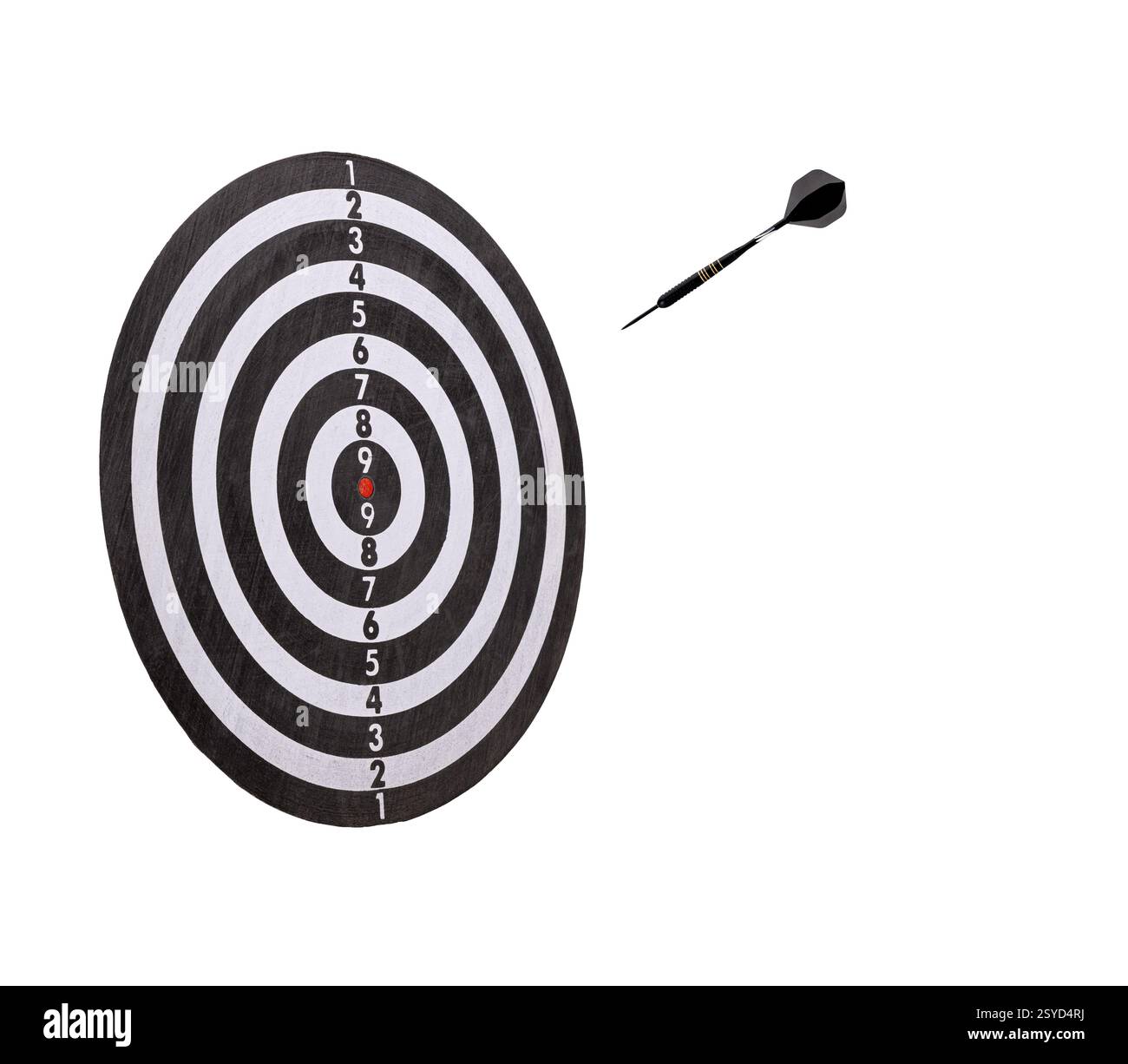 A black sharp dart is cutting through the air and will hit the target ...