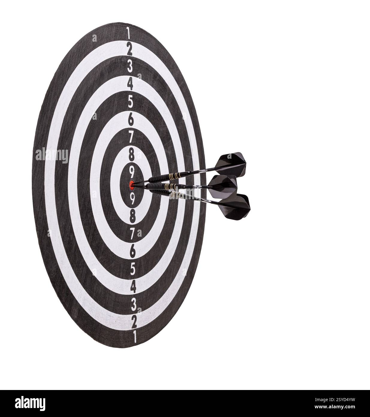 Bullseye Precision: Three black darts hit the bullseye of a classic ...