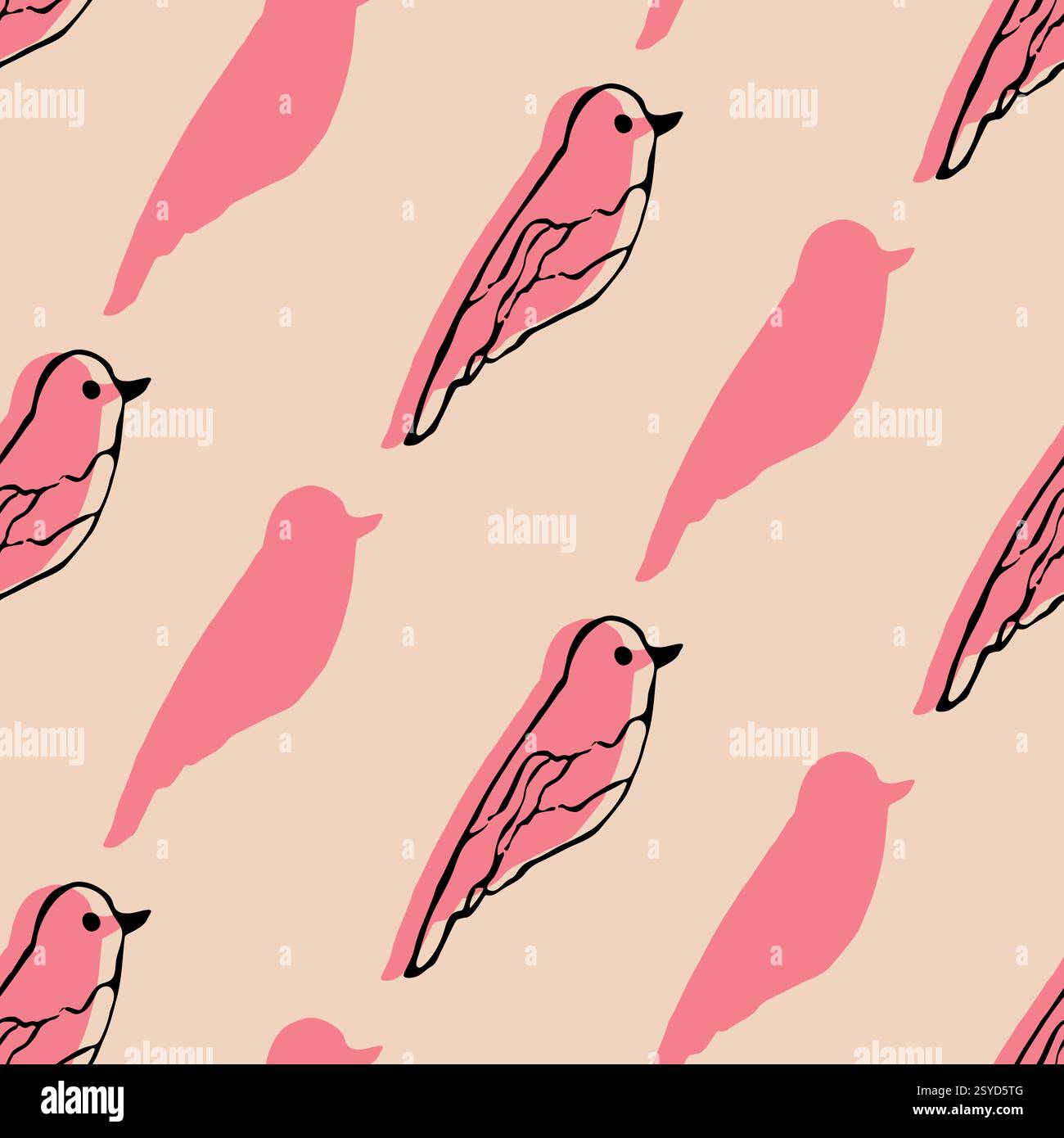 Seamless Pattern of Stylized Pink Birds and Silhouettes on Beige ...