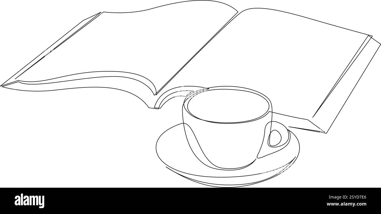 Opened book with coffee in continuous one line drawing. Education ...