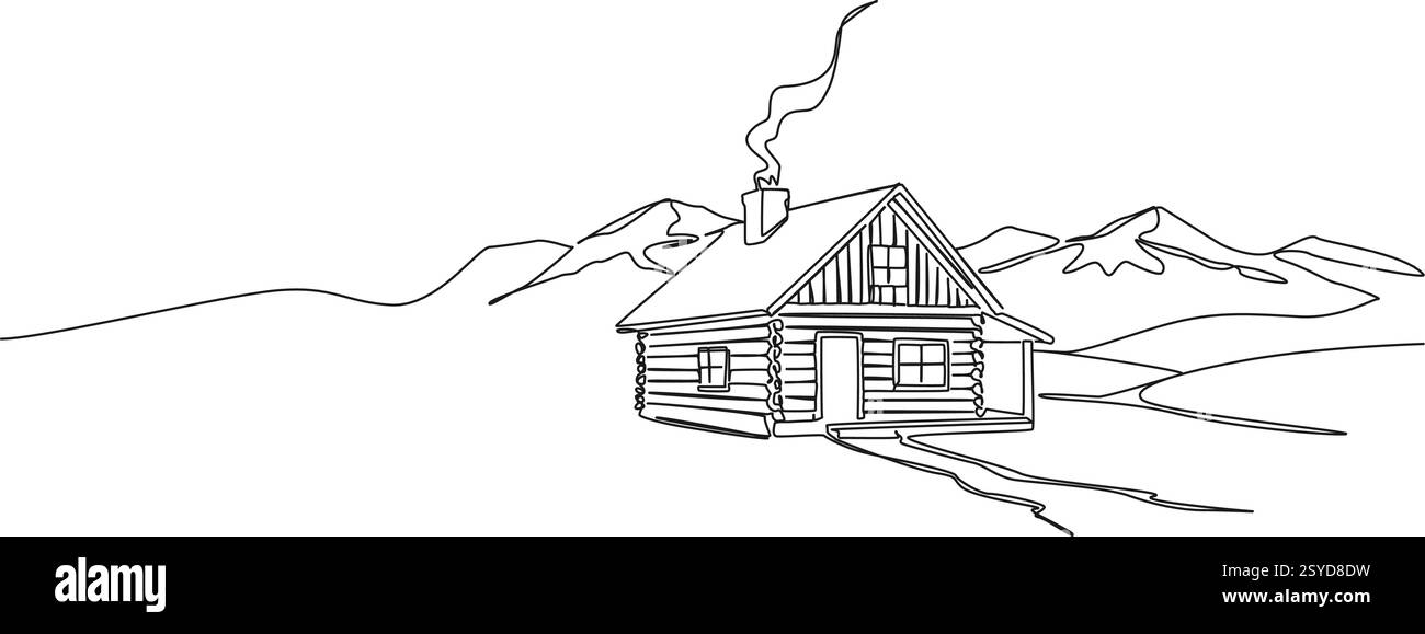 continuous single line drawing of wooden cabin in the mountains, line ...