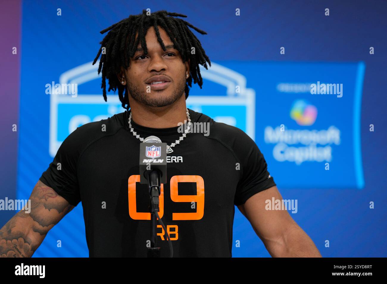 North Carolina running back Omarion Hampton speaks during a press ...