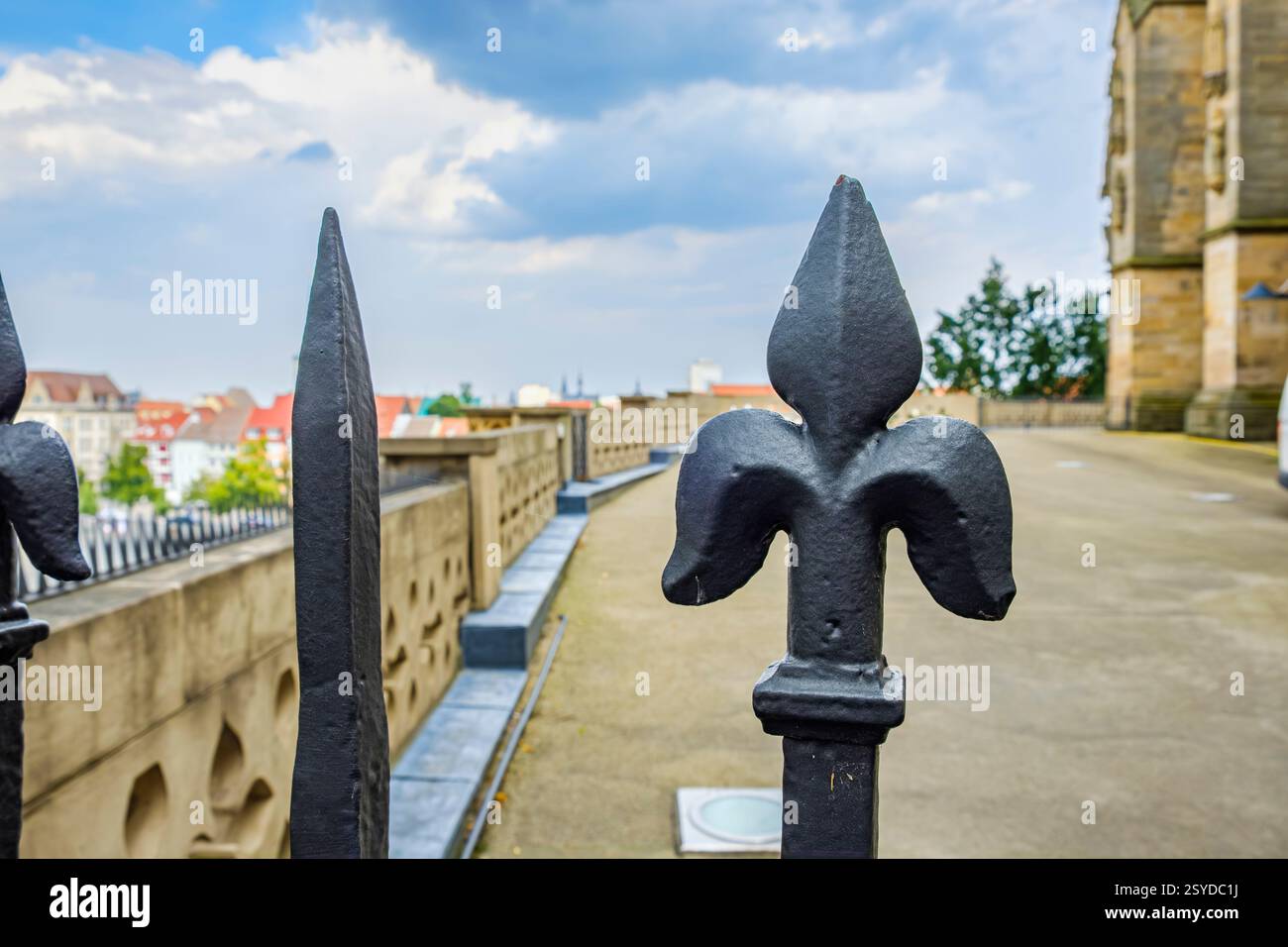 Tips of an iron fence in the shape of a heraldic lily at Erfurt ...