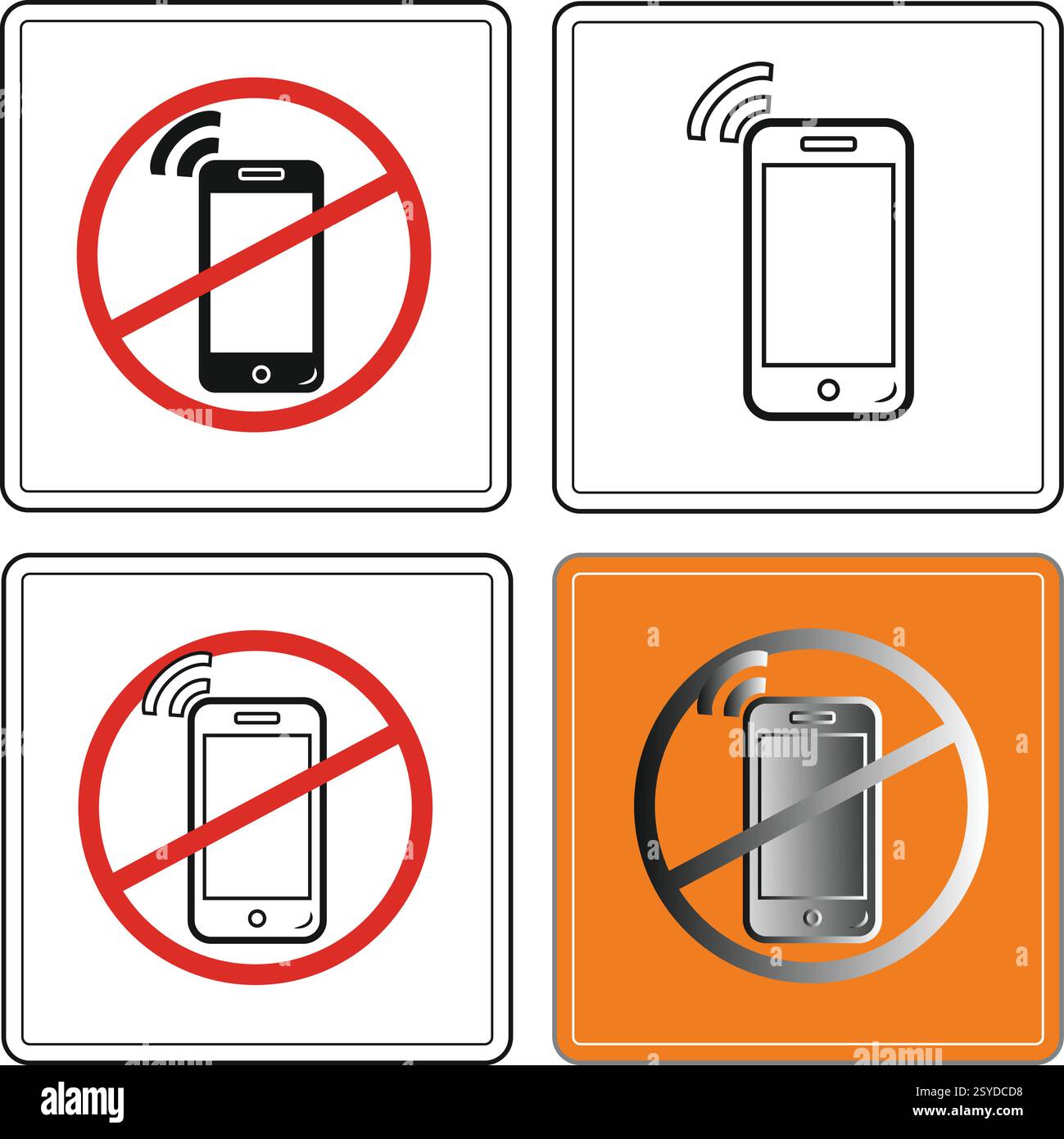 Four variations of no mobile phone sign with ringing smartphone inside ...