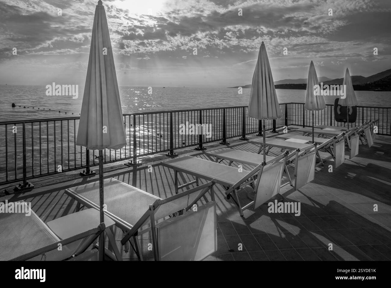 SMALL COMFORTABLE BEACH WITH SUN LOUNGE BEDS ON THE FRENCH RIVIERA ...