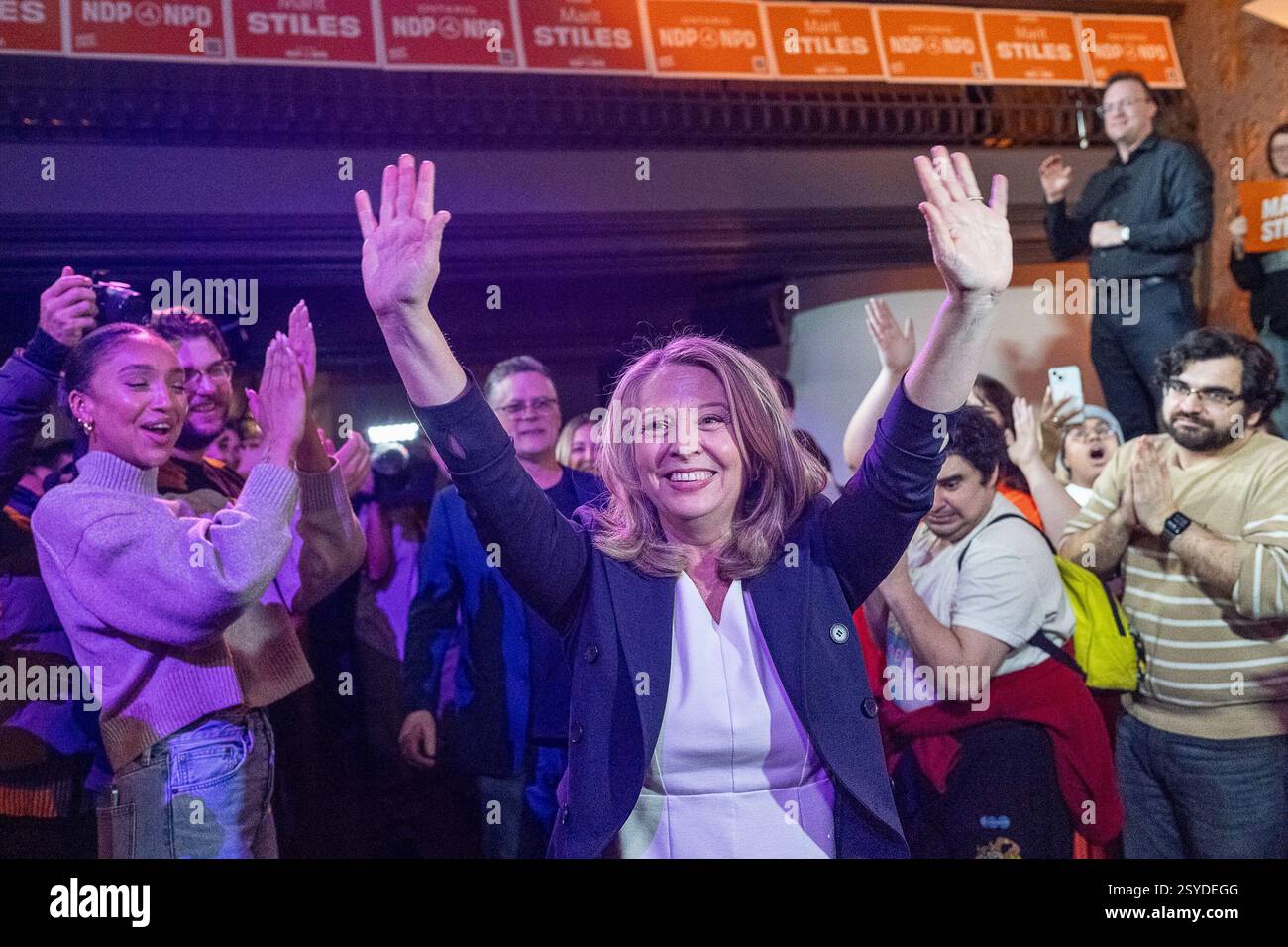 Ontario NDP Leader Marit Stiles greets supporters as she arrives at her ...