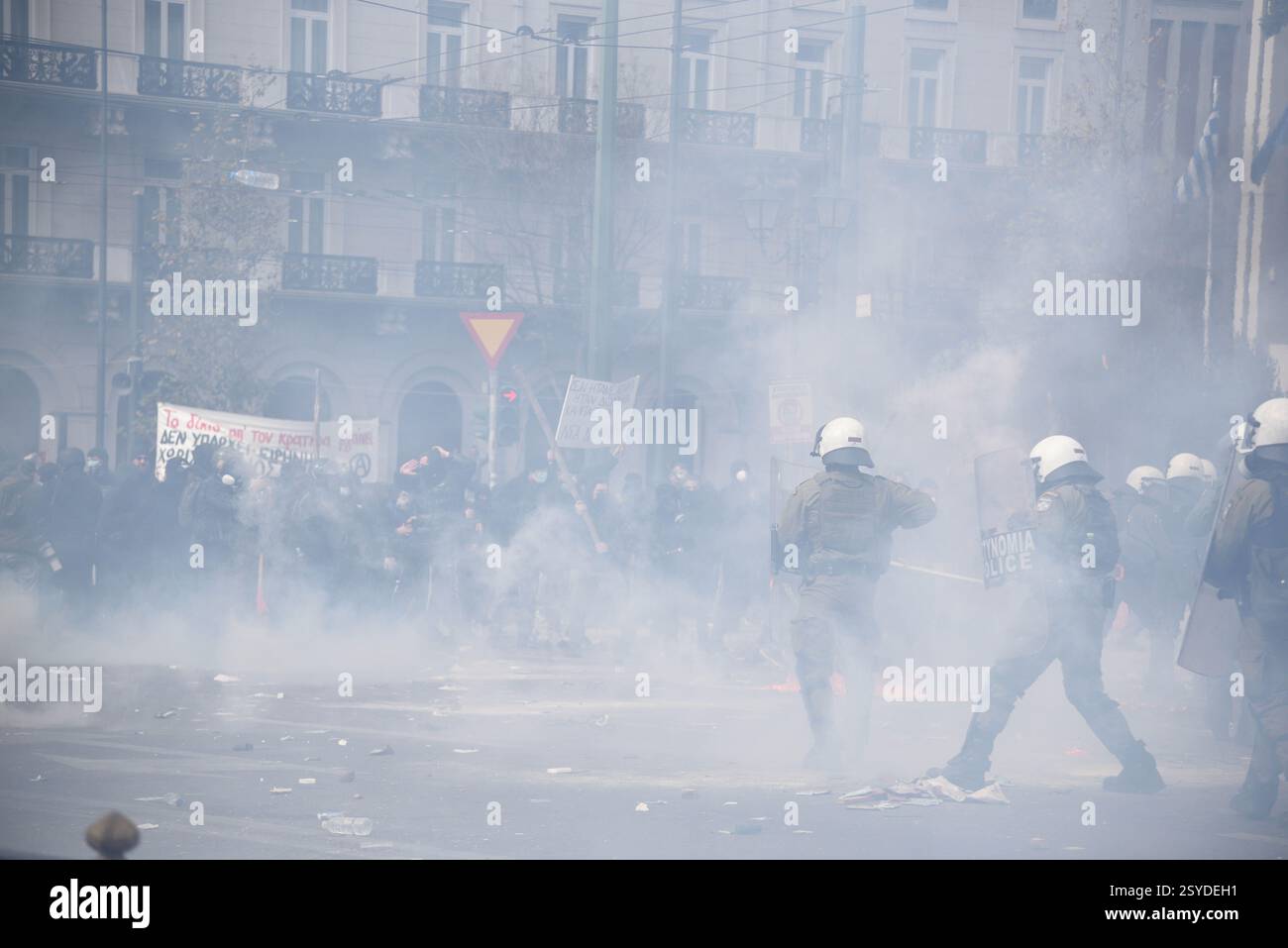 Athens, Greece, February 28, 2025. Heavy clashes between protestors and ...