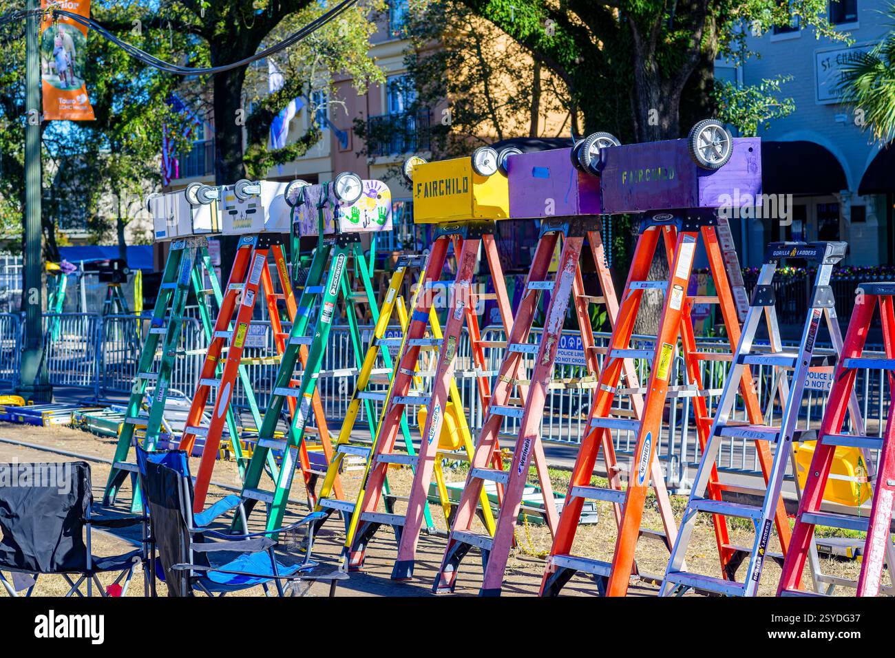 New Orleans, LA, USA - February 26, 2025: Colorful ladders set up on ...