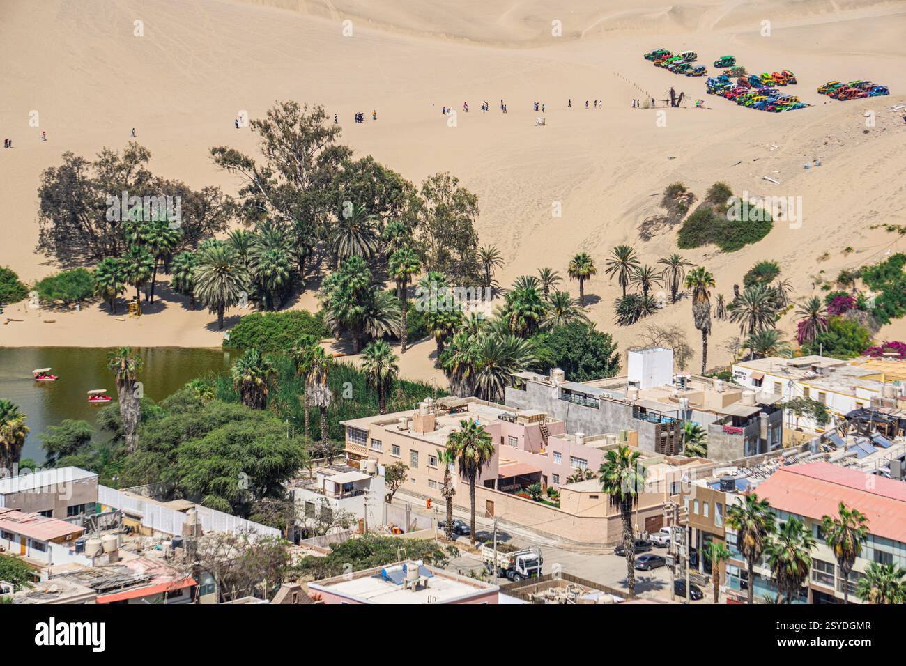 The iconic Huacachina Oasis in Ica Peru features a tranquil lagoon ...