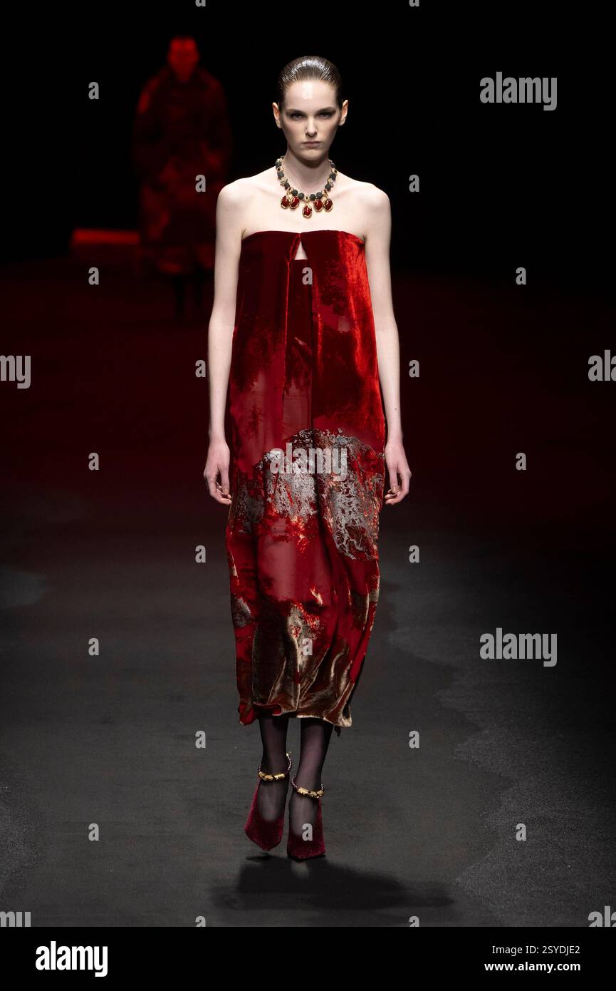 A model walks on the runway during the Roberto Cavalli Ready to Wear ...