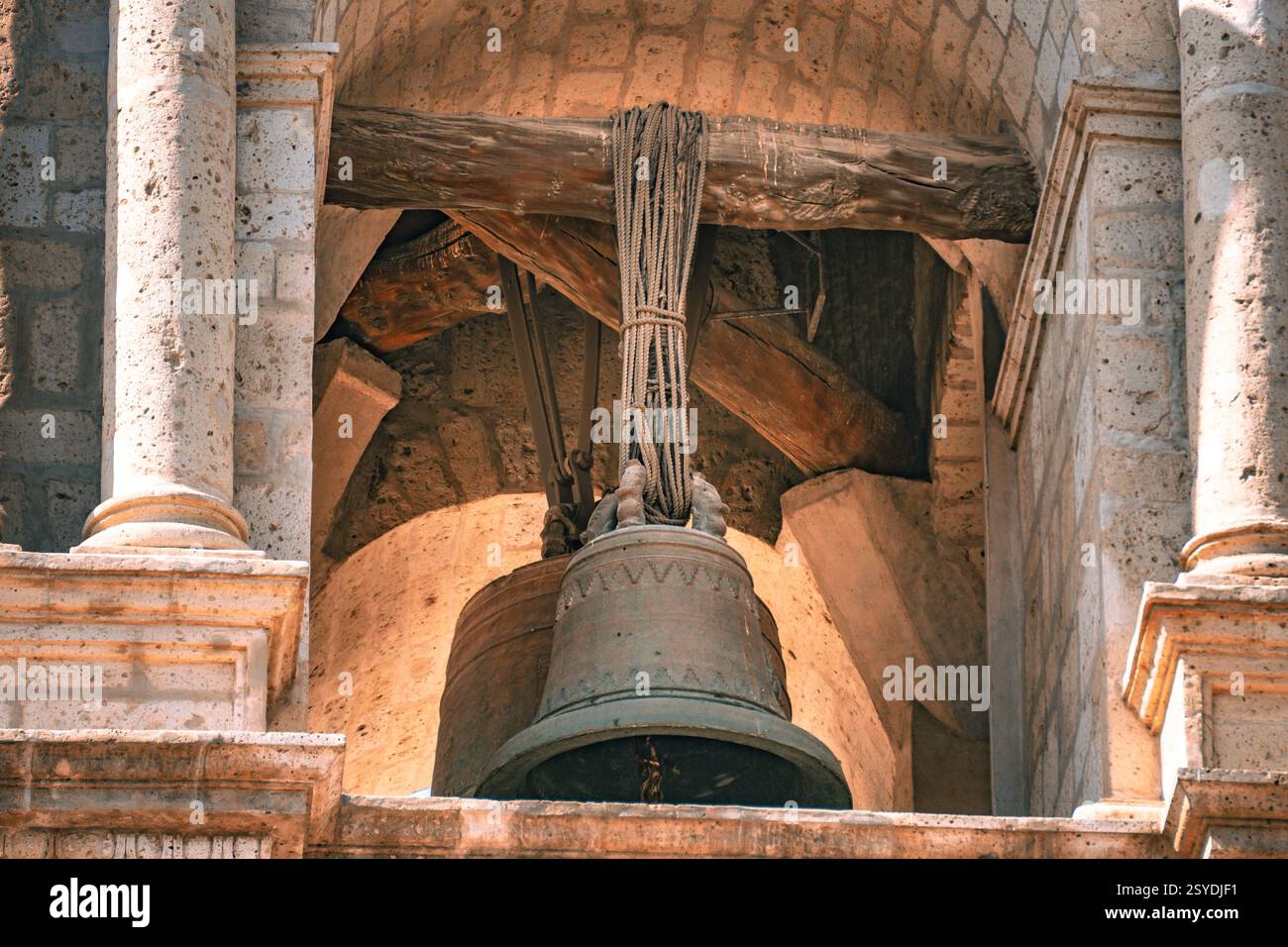 The bell of the Basilica Cathedral of Arequipa in Peru represents ...