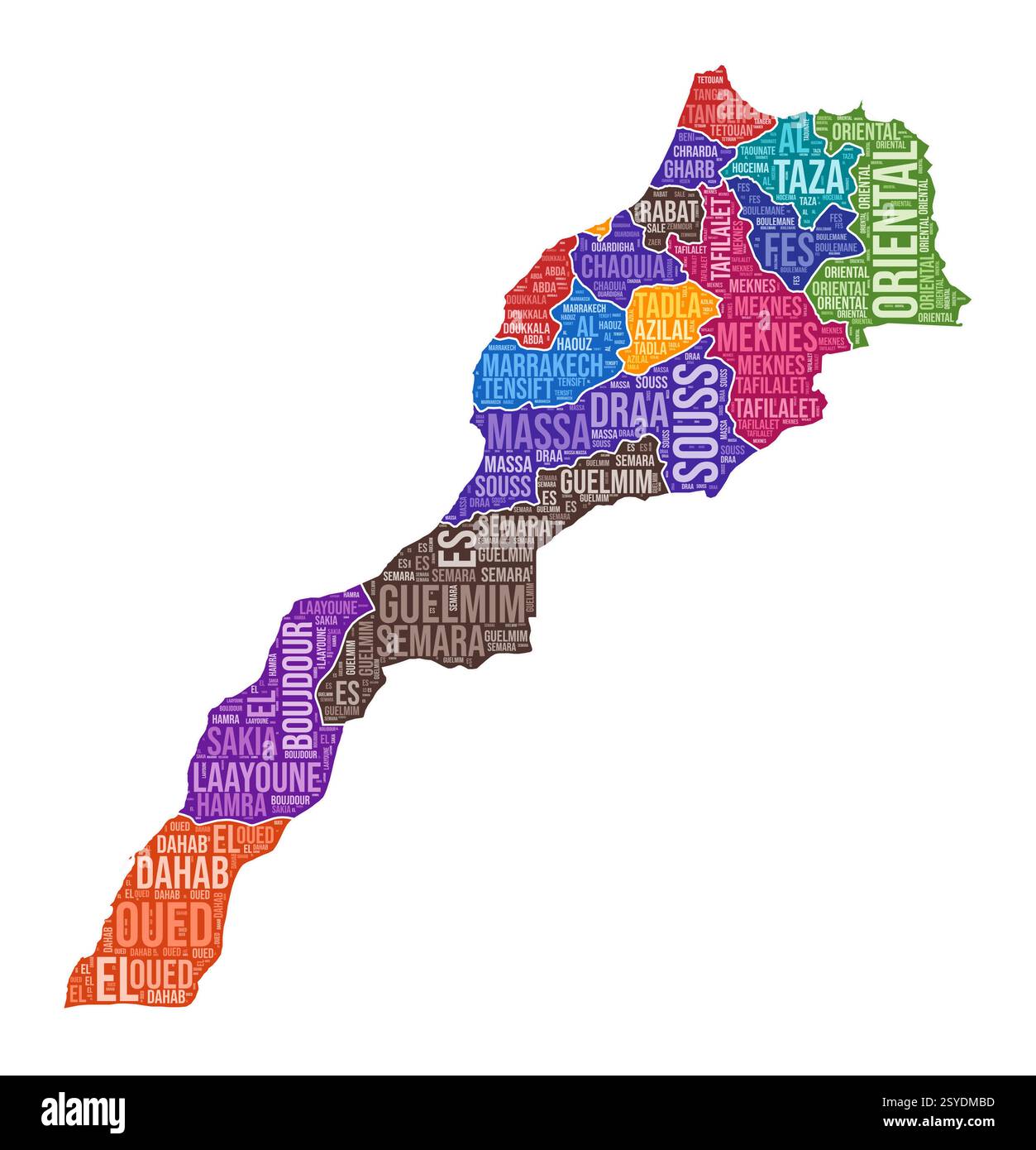 Morocco shape. Country word cloud with region division. Morocco colored ...