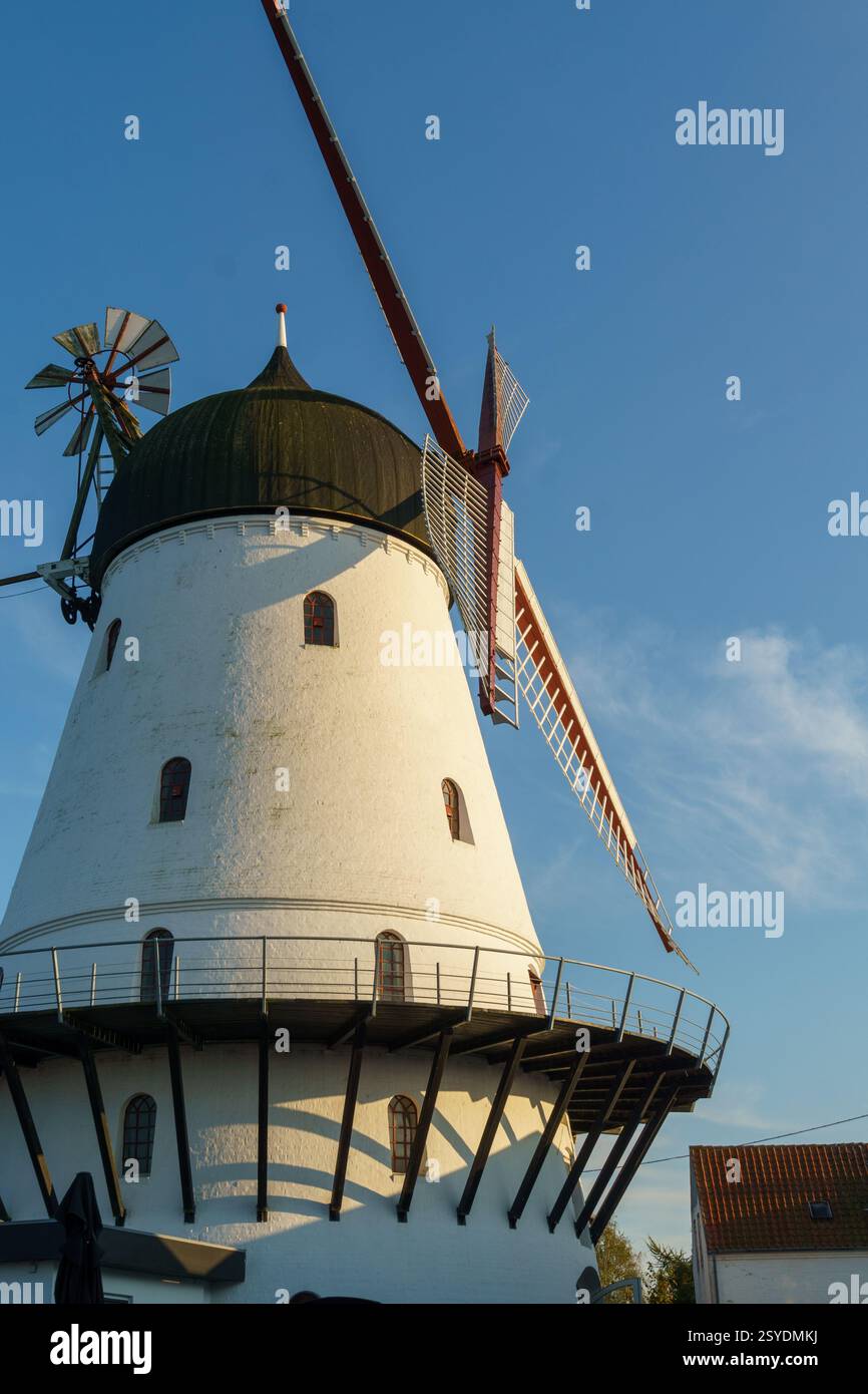 Traditional windmill against a clear blue sky, Gudhjem, Bornholm ...