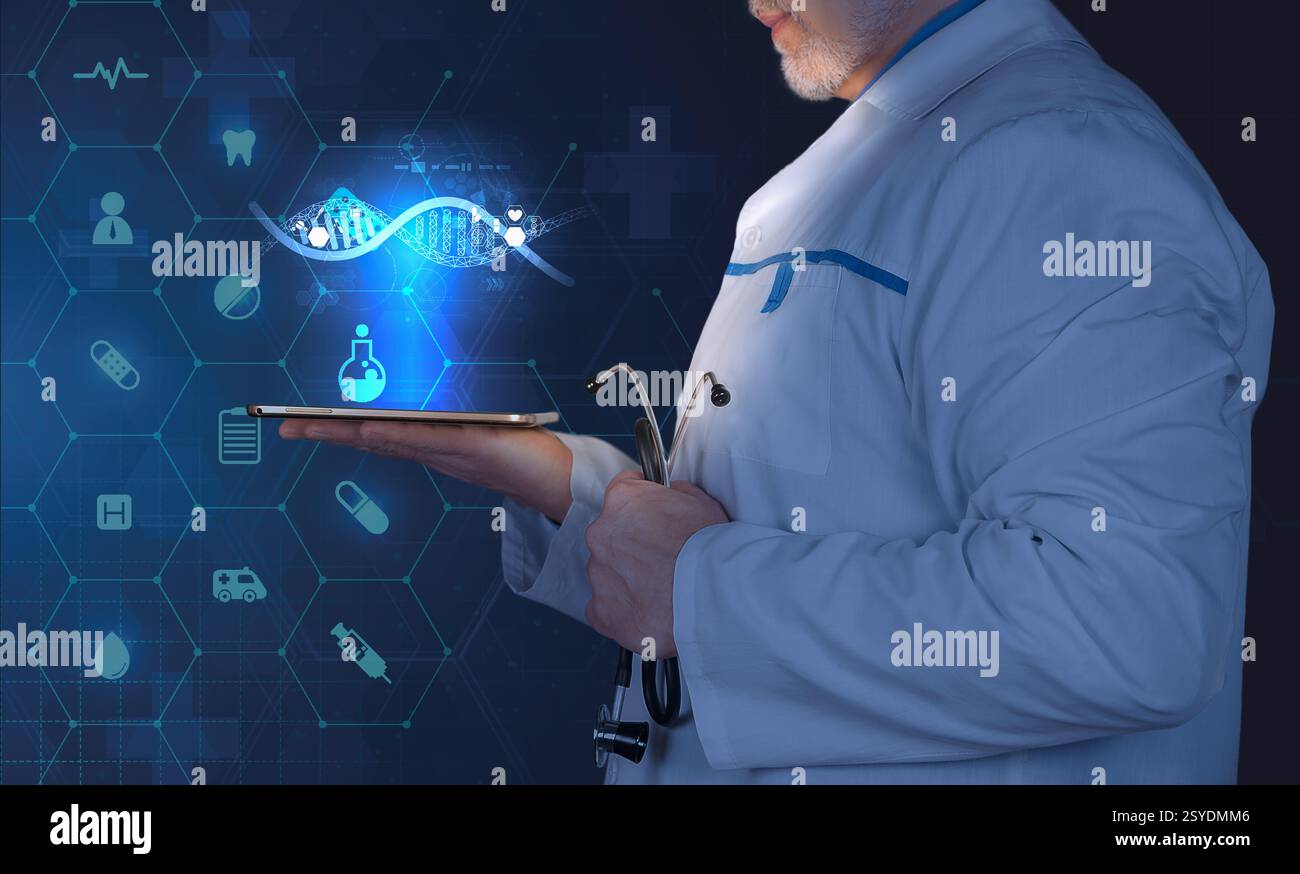 A medical expert engages with a tablet, analyzing digital health data ...