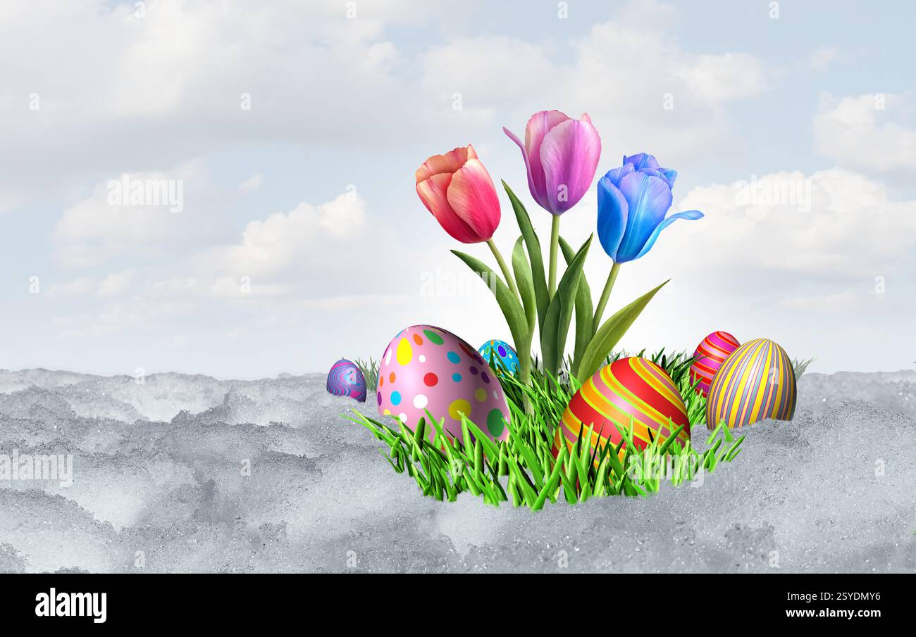 Easter Spring Tulips early bloom as a symbol of thawing melting snow ...