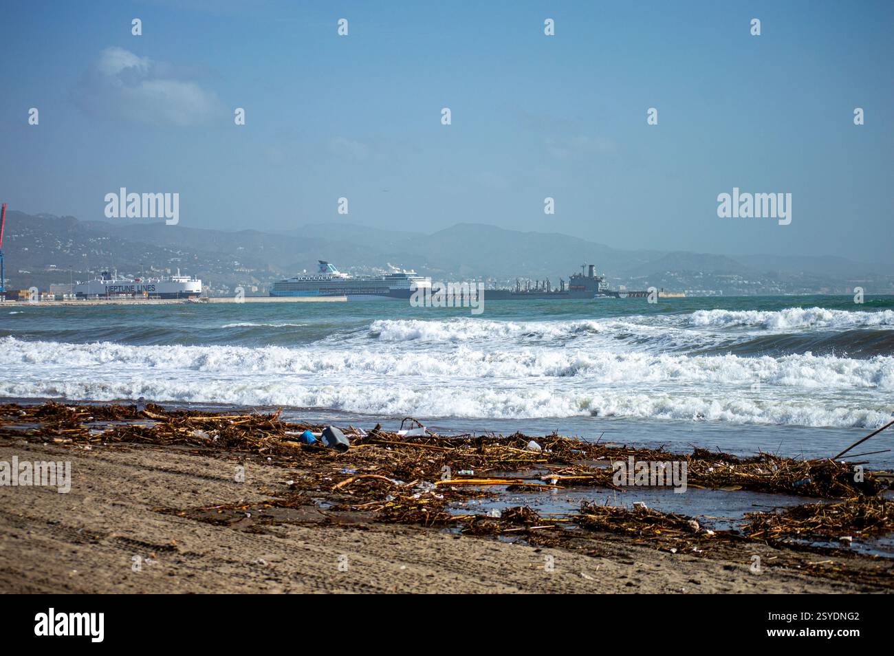 MALAGA, SPAIN - NOVEMBER 15, 2024: Coastal flooding and garbage caused ...