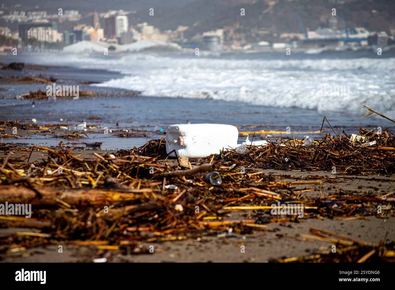 MALAGA, SPAIN - NOVEMBER 15, 2024: Coastal flooding and garbage caused ...