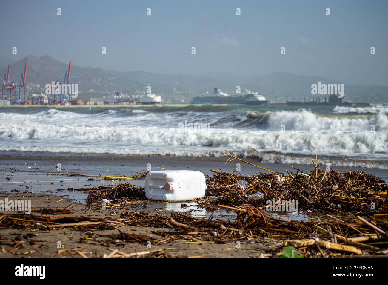MALAGA, SPAIN - NOVEMBER 15, 2024: Coastal flooding and garbage caused ...