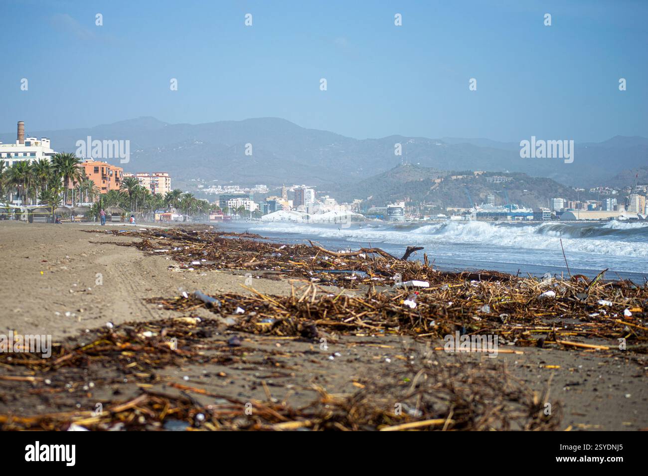 MALAGA, SPAIN - NOVEMBER 15, 2024: Coastal flooding and garbage caused ...