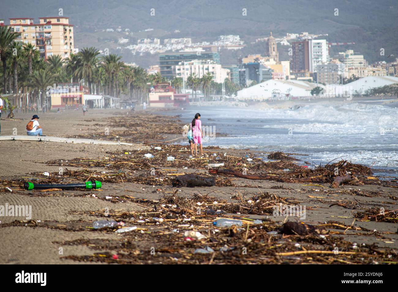 MALAGA, SPAIN - NOVEMBER 15, 2024: Coastal flooding and garbage caused ...