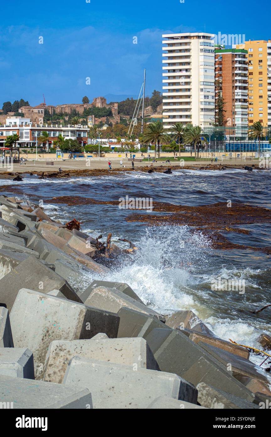 MALAGA, SPAIN - NOVEMBER 15, 2024: Coastal flooding and garbage caused ...