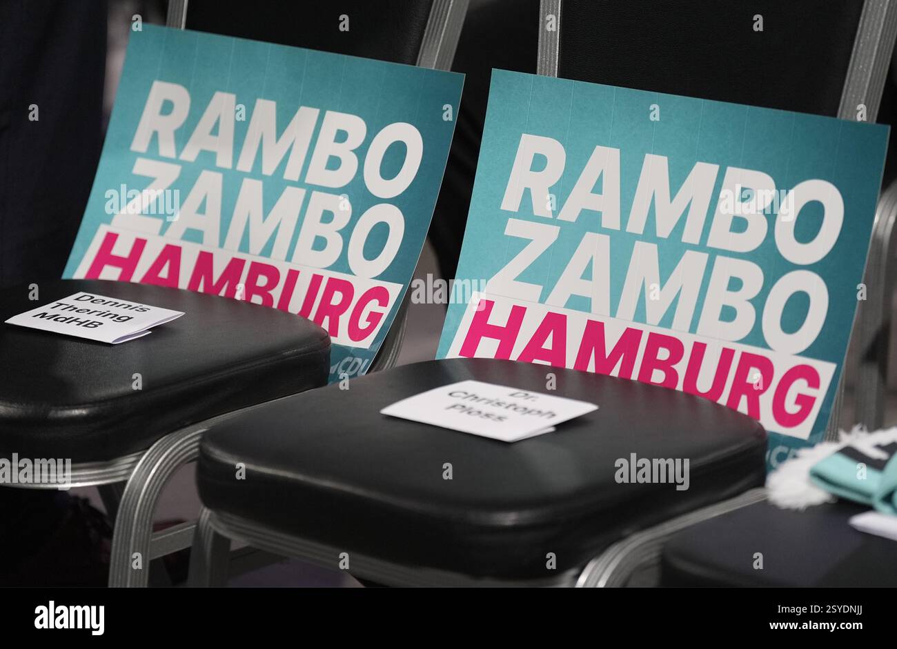 28 February 2025, Hamburg: Posters with the inscription "Rambo Zambo ...
