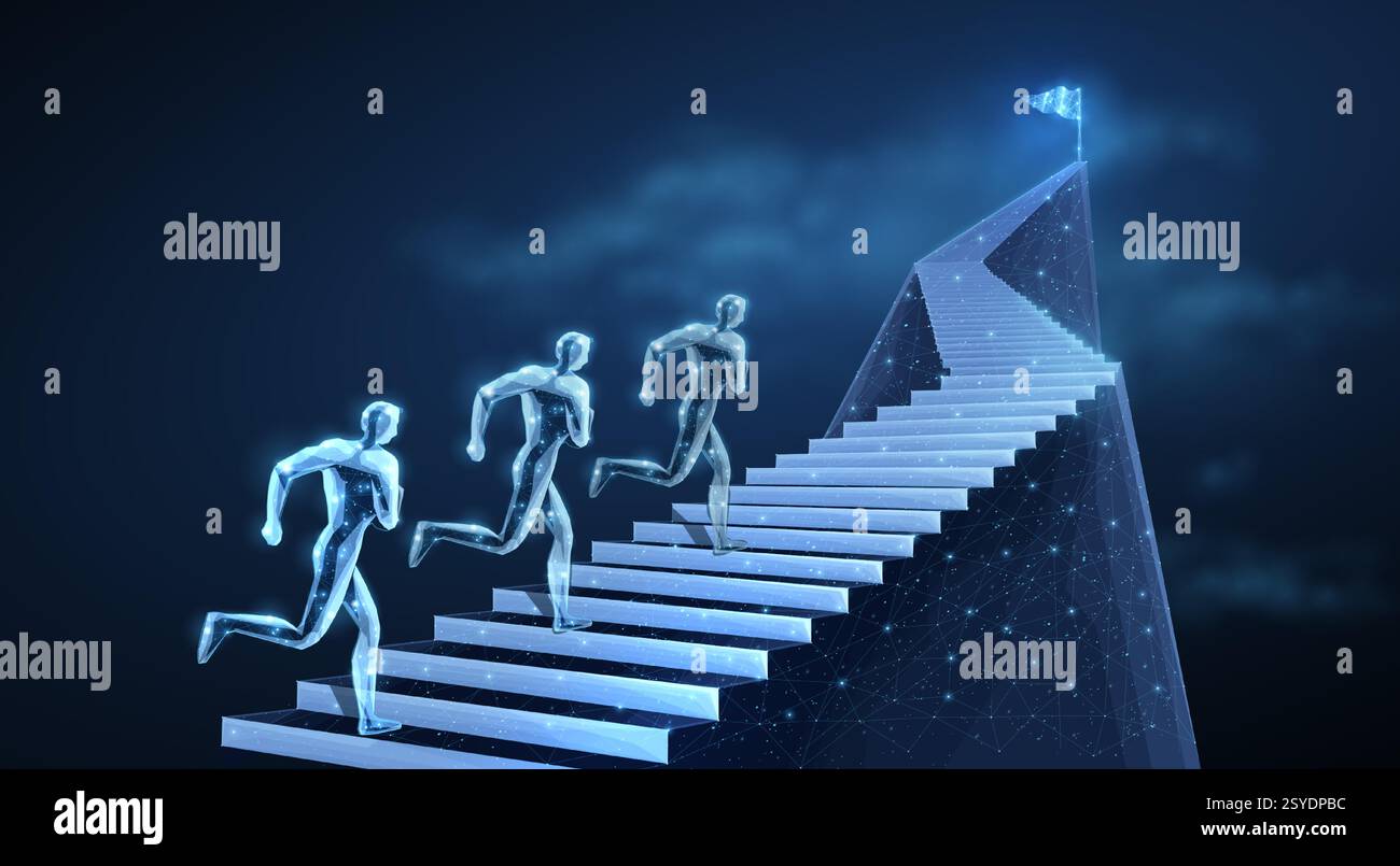 Stair with running 3x man. Stairway success, leader growth, business ...