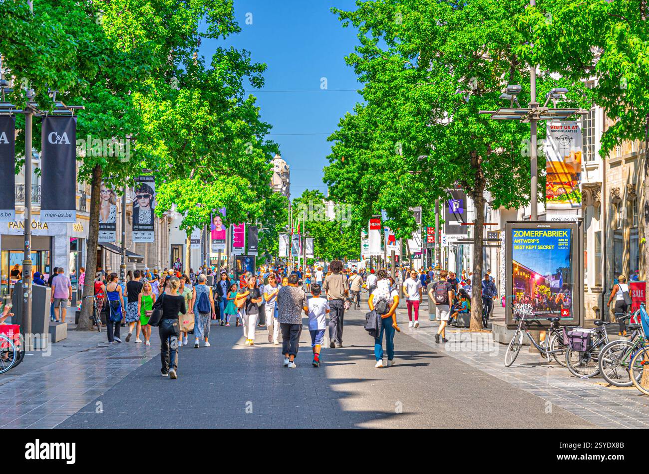 Antwerp, Belgium, July 7, 2023: crowd of people tourists walking down ...