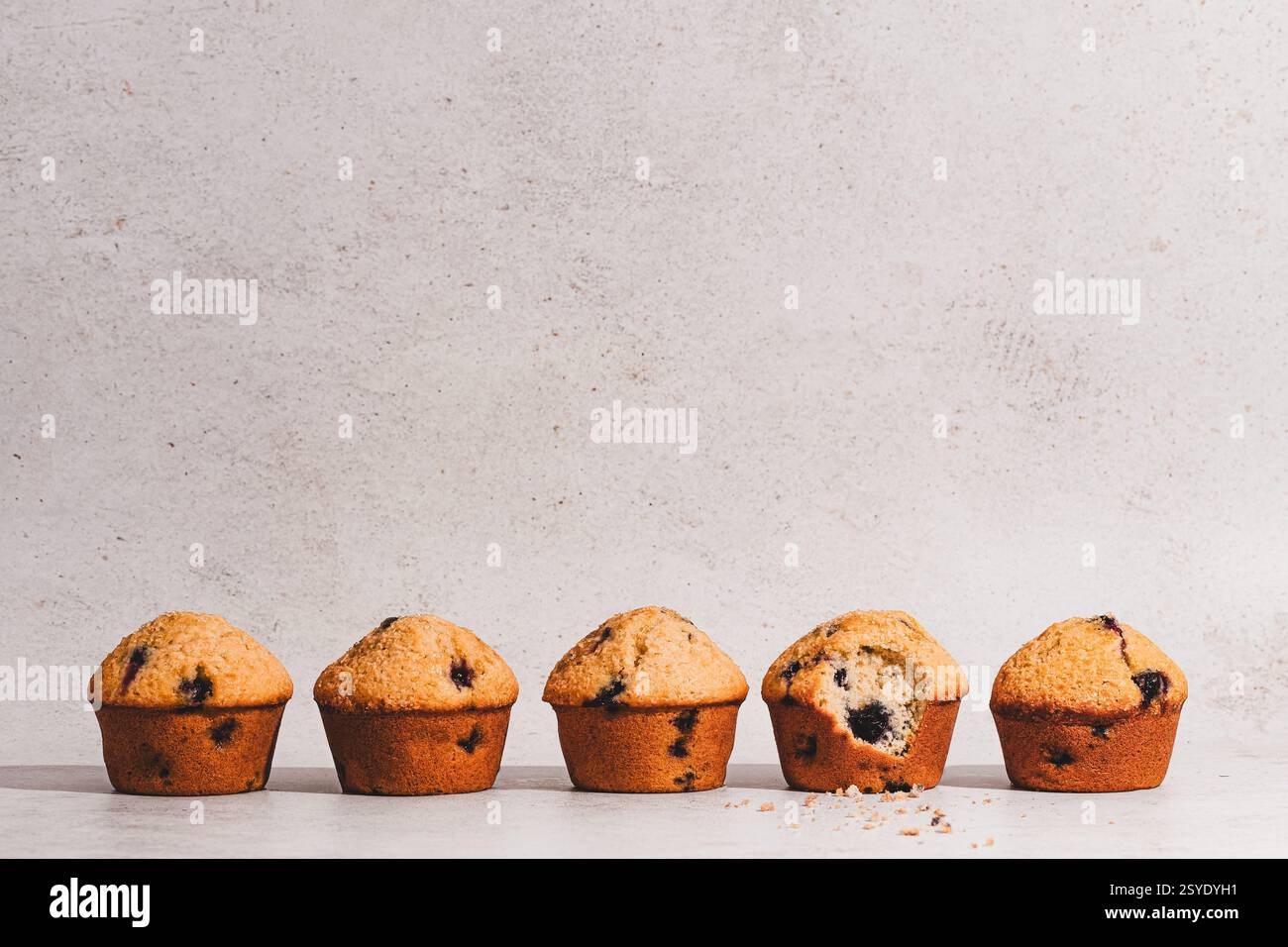 A row of golden blueberry muffins with a rustic, minimal aesthetic ...