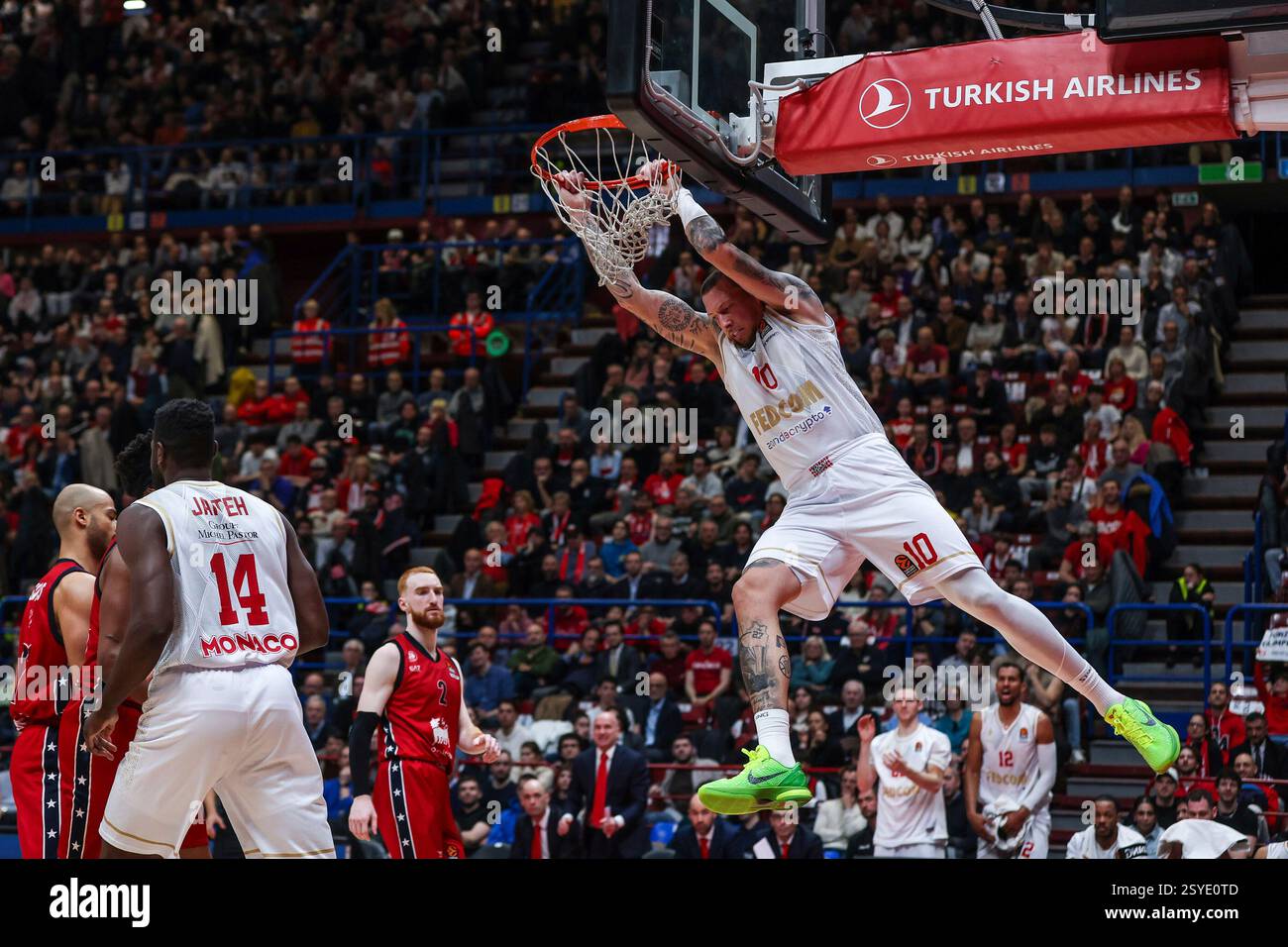 Daniel Theis #10 of AS Monaco dunks during Turkish Airlines EuroLeague 2024/25 Regular Season ...