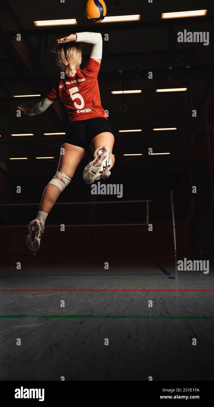 Aerial volleyball practice indoors with off camera flash Stock Photo ...