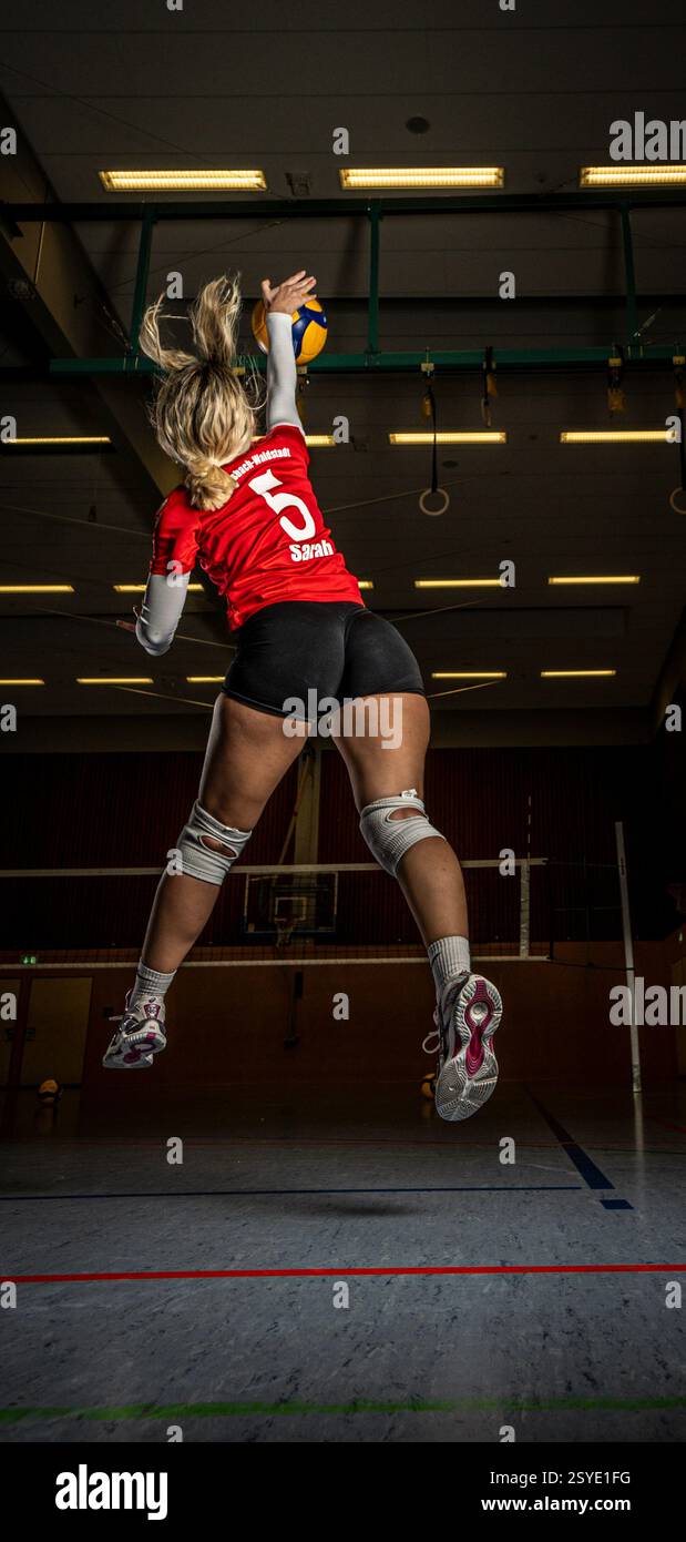 Aerial volleyball practice indoors with off camera flash Stock Photo ...