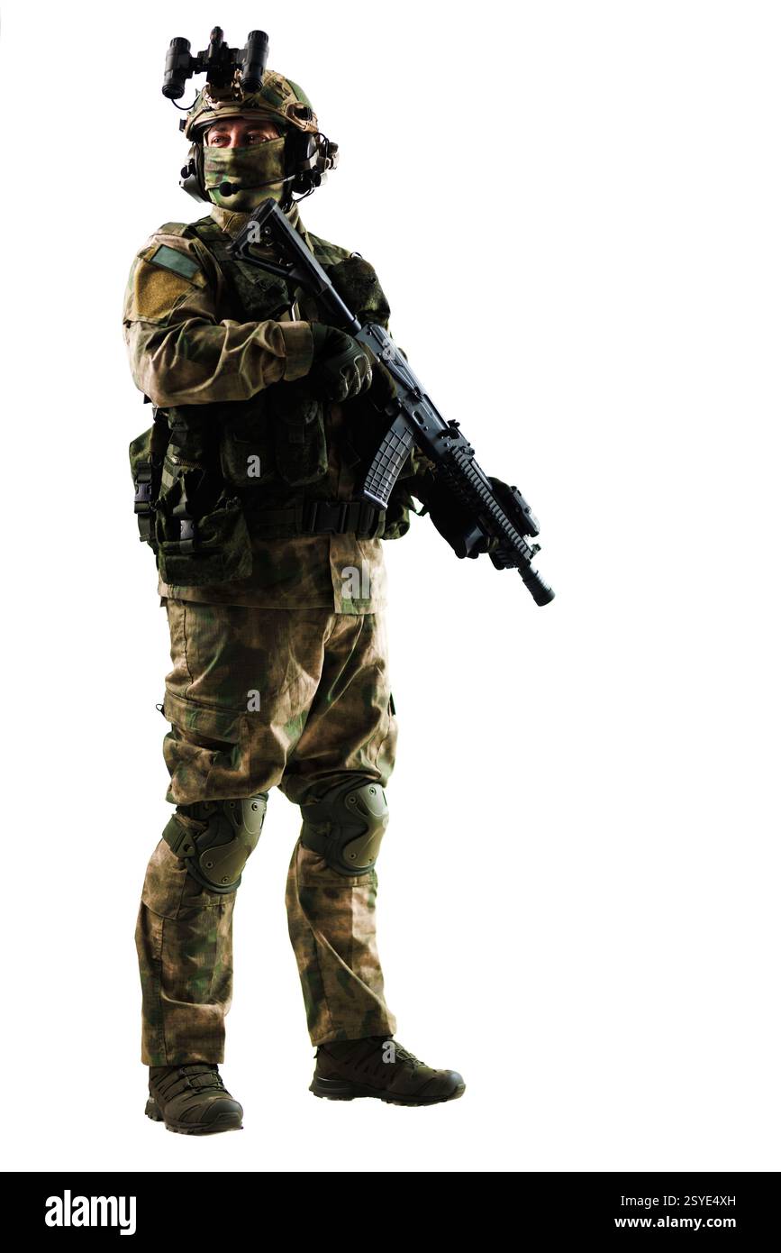 A soldier wearing camouflage and tactical gear, carrying a weapon ...