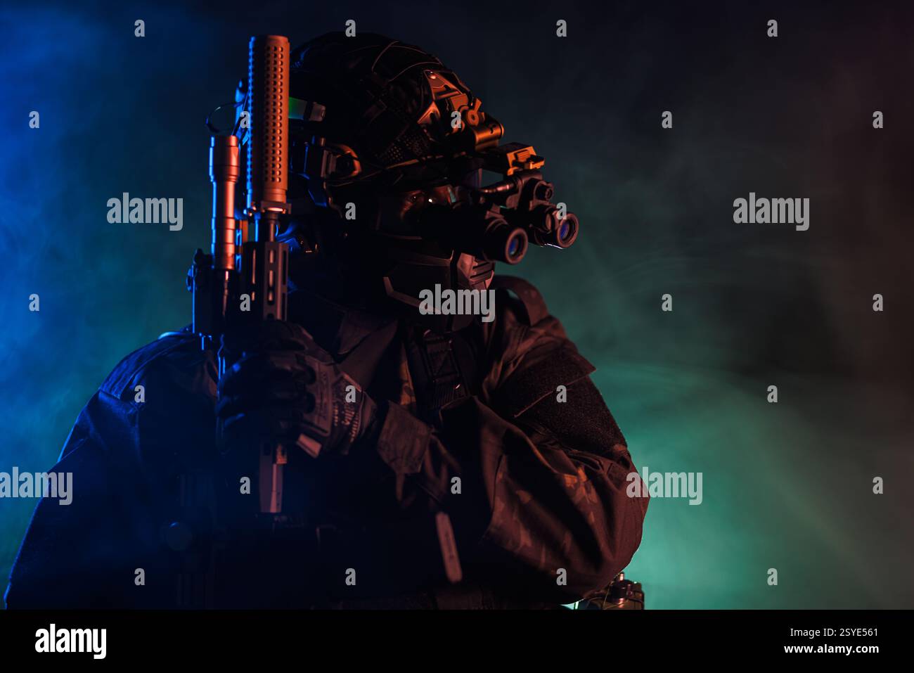 A professional soldier equipped with modern tactical gear and a visible ...