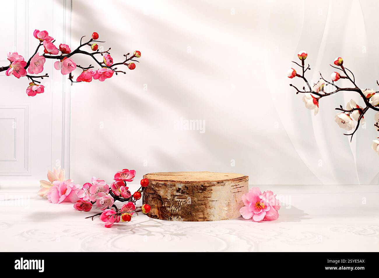 Abstract spring flower arrangement with cherry blossom branches and ...