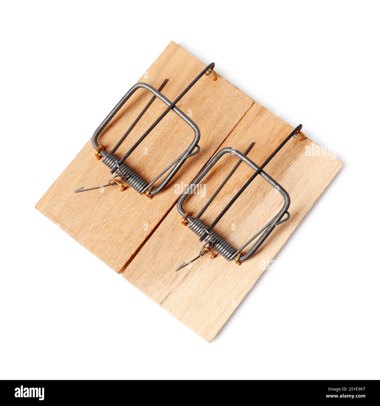 Two spring-loaded bar mousetraps isolated on white, top view Stock ...