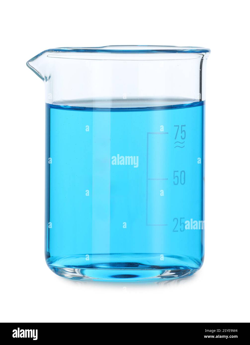Glass beaker with light blue liquid on mirror surface against white ...
