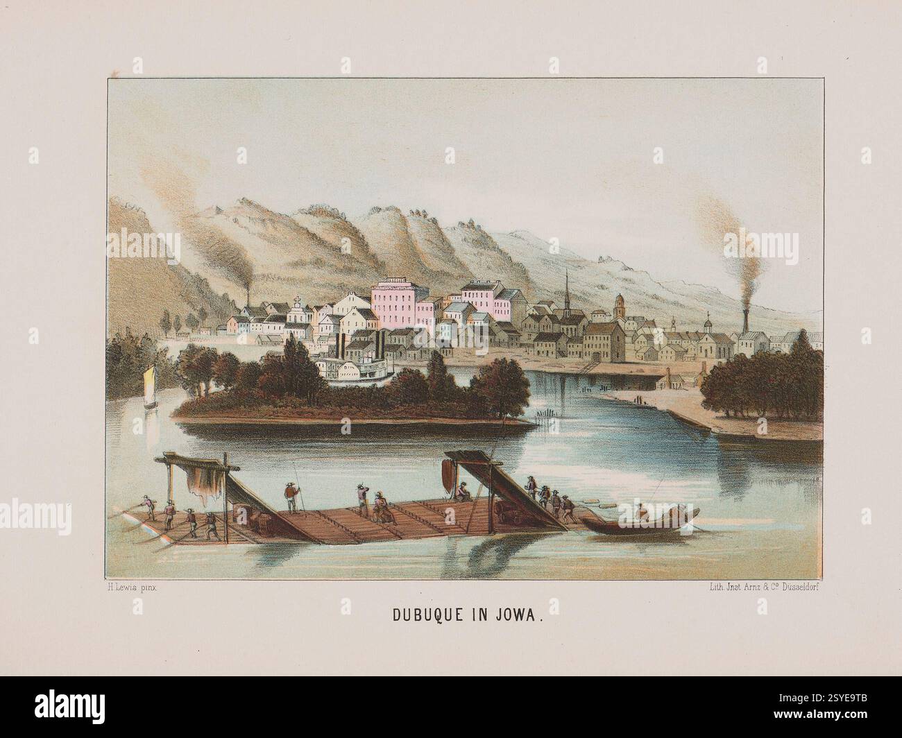 Dubuque Iowa, on the Mississippi river. Vintage Lithograph along the ...