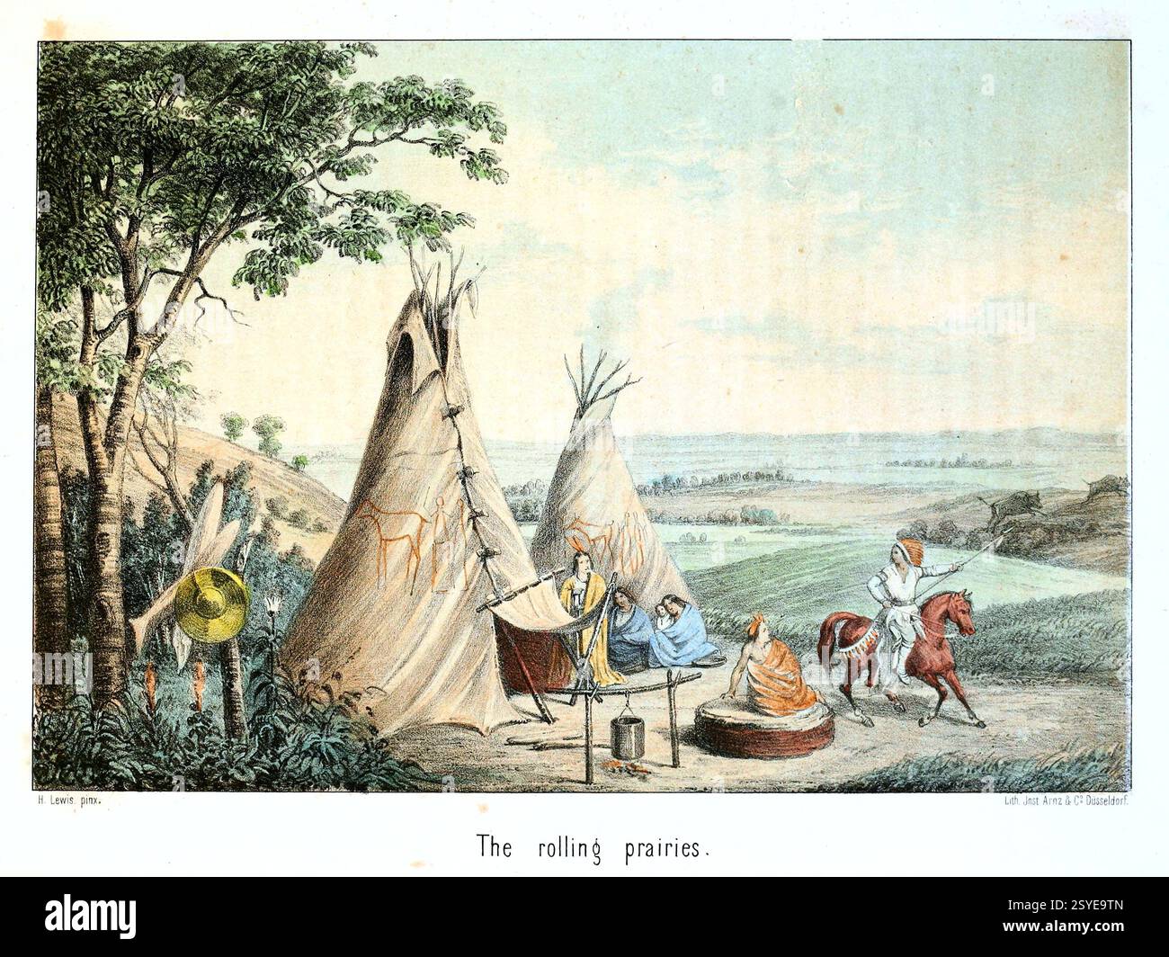 The rolling prairies, Indigenous encampment. Vintage Lithograph along ...