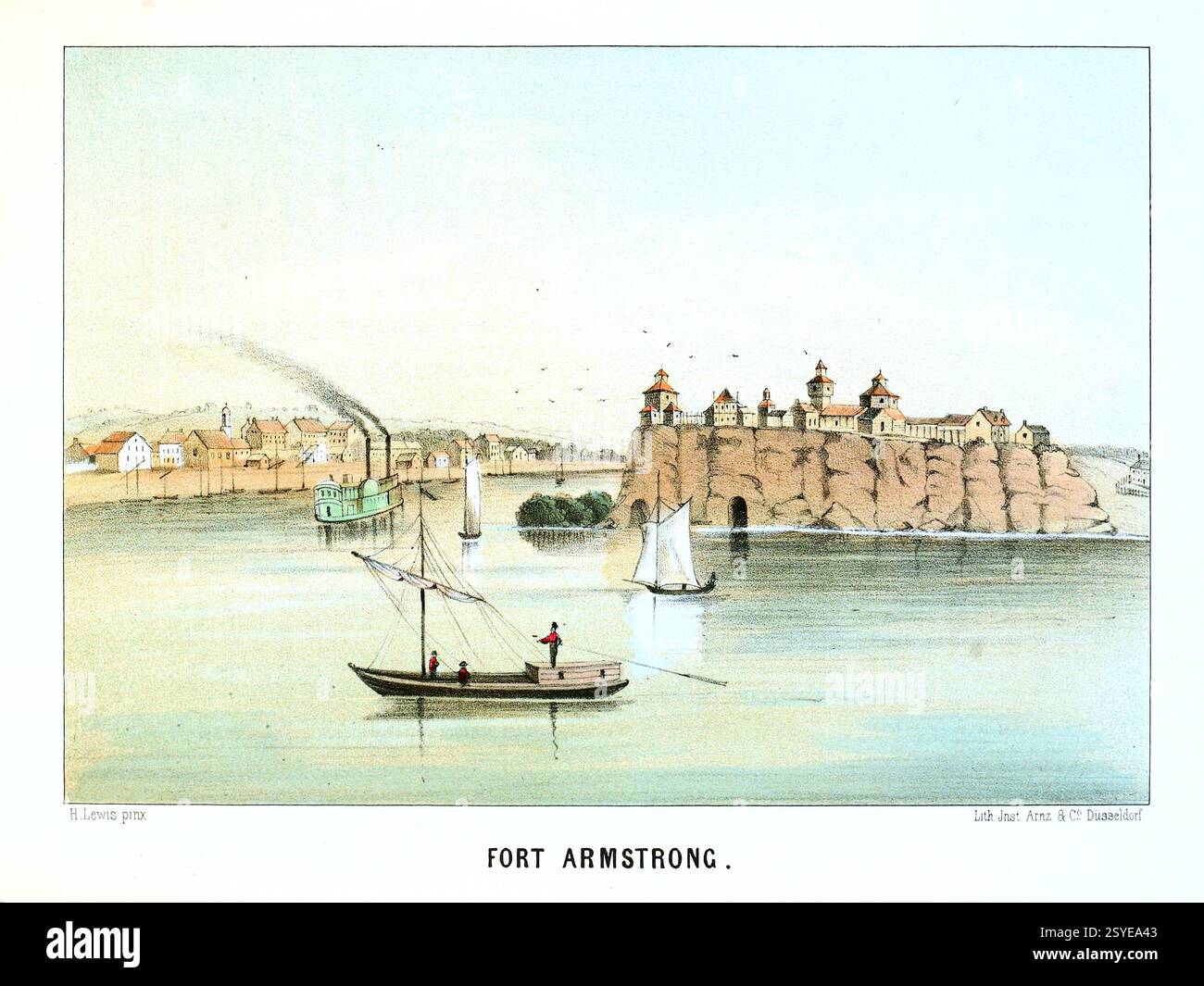 Fort Armstrong on the Mississippi river. Vintage Lithograph along the ...