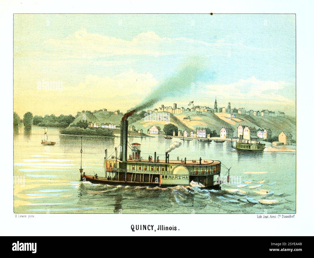 Quincy, Illinois, on the Mississippi river. Vintage Lithograph along the Mississippi Valley by ...