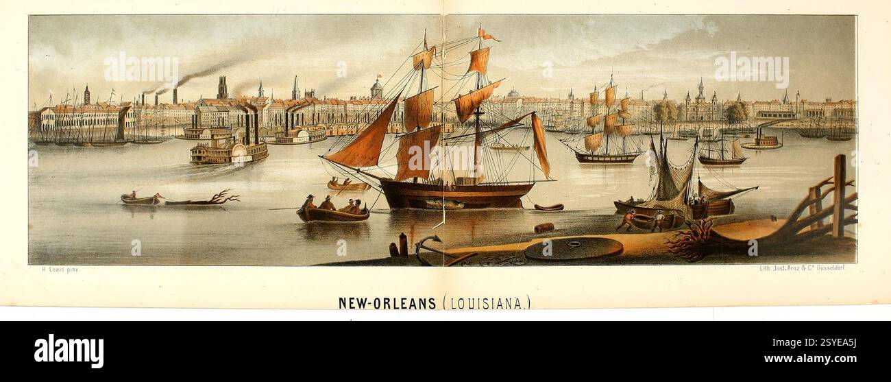 New Orleans on the Mississippi river. Vintage Lithograph along the ...
