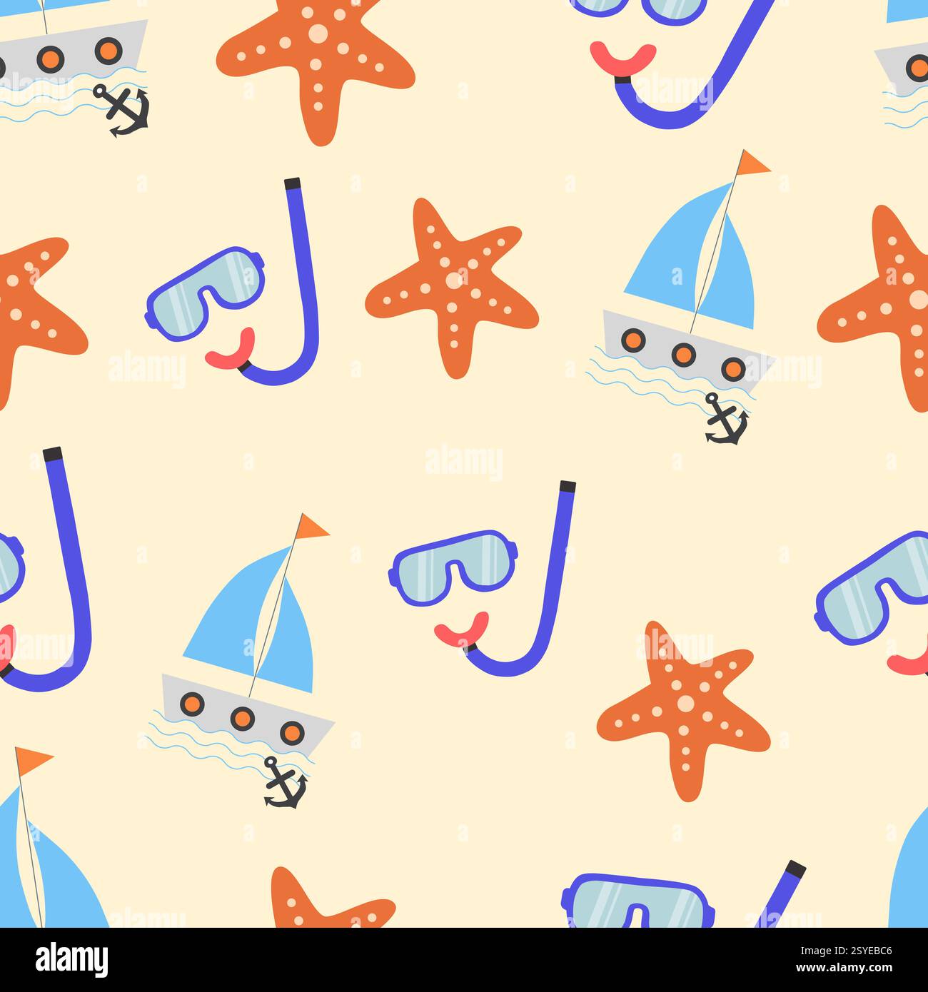 summer colorful sea pattern with a boat, underwater mask, and starfish ...