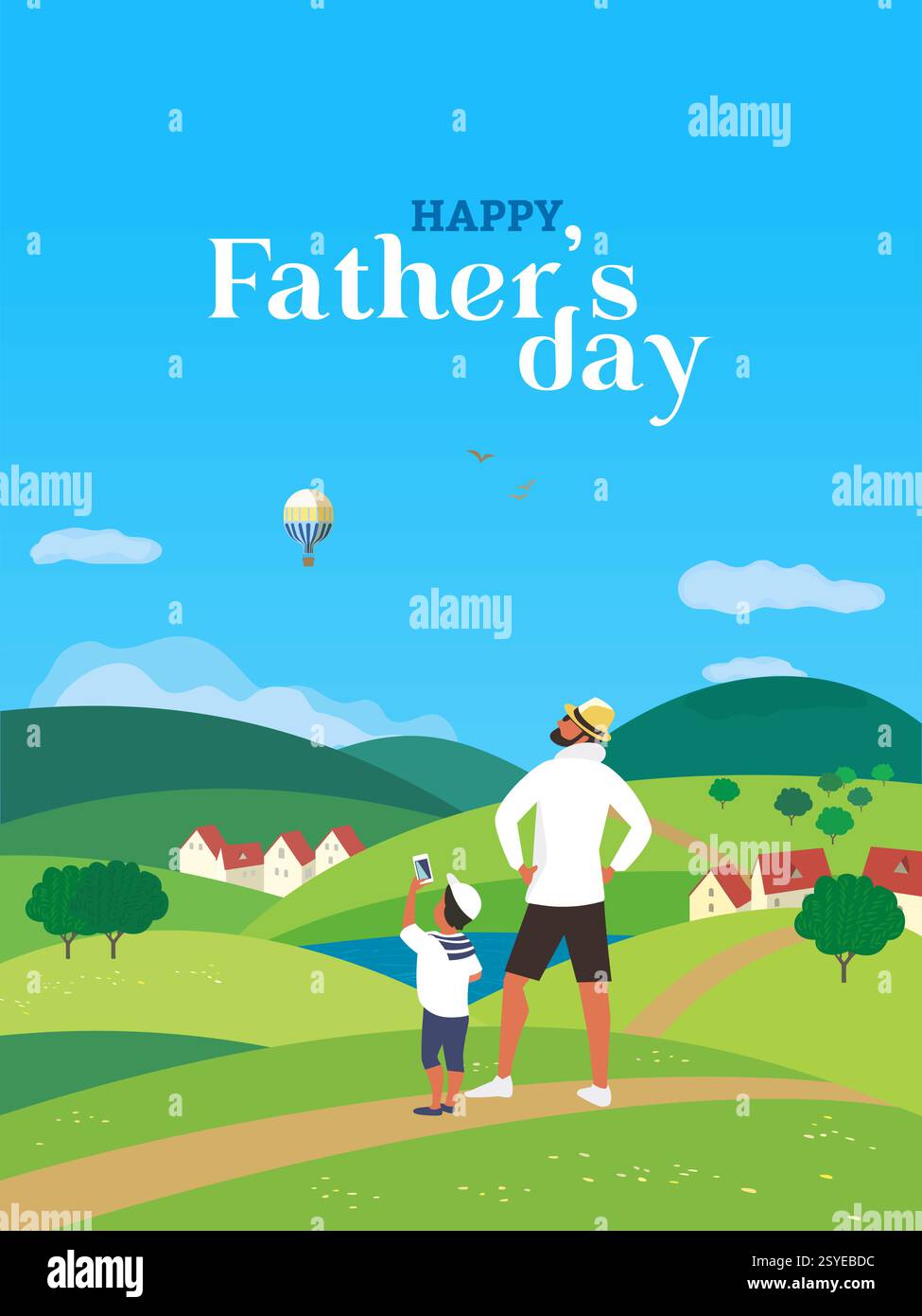 Happy father and son enjoy balloon flying. Fathers day poster. Family ...