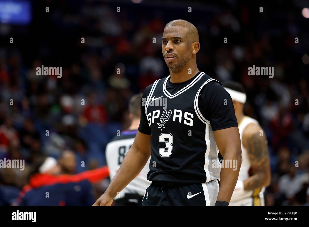 San Antonio Spurs guard Chris Paul (3) waits for play to resume in the ...