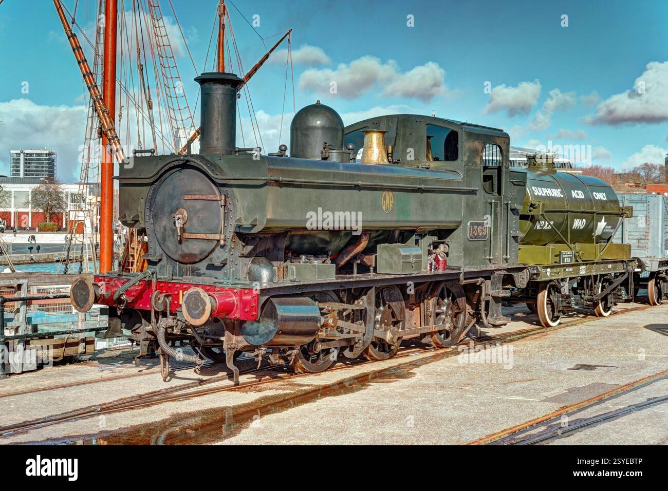 1369 steam train and red bus Bristol harborside railway Stock Photo - Alamy